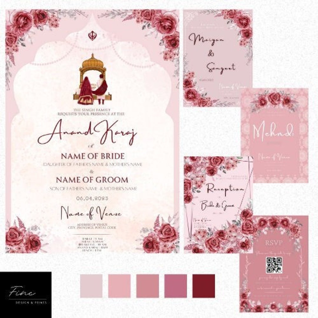 Sikh Wedding Invitation Template Set: Anand Karaj Cards (digital ...