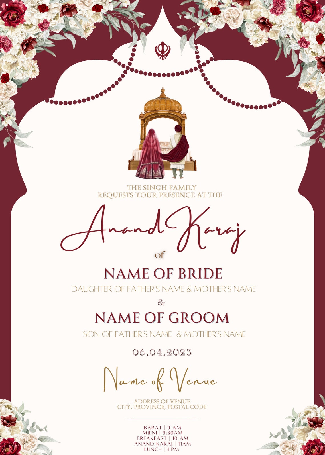 Sikh Wedding Invitation Template Set: Anand Karaj Cards (digital ...