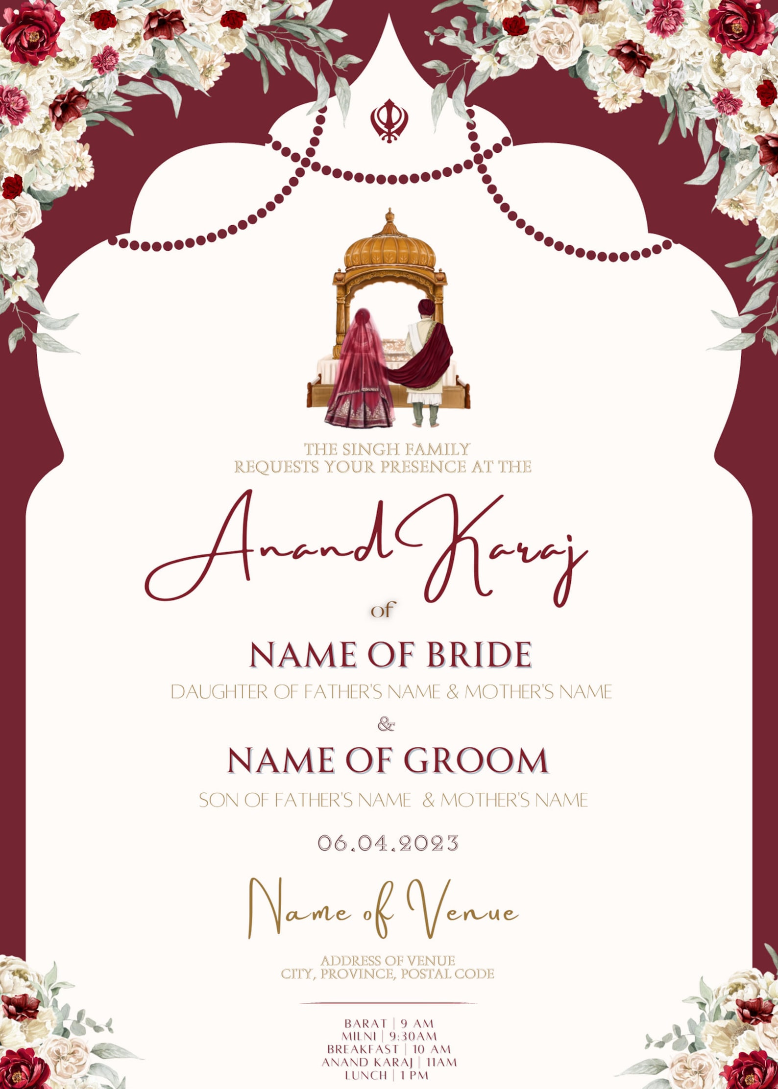 Sikh Wedding Invitation Editable Template Set + Free E-vite Included ...