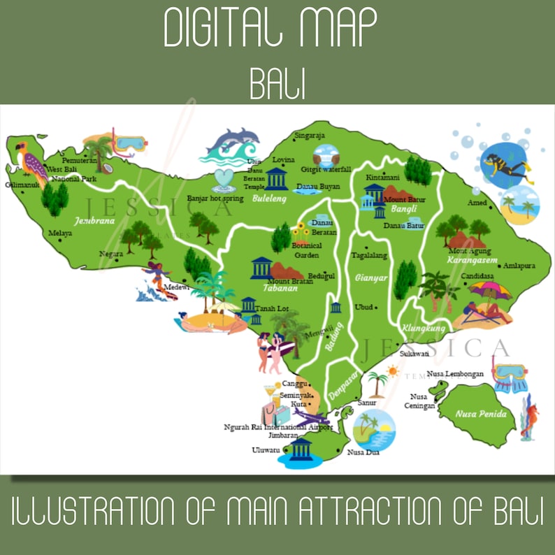 Bali Illustrated Map Art Print: Travel Wall Decor (digital Download) - Etsy
