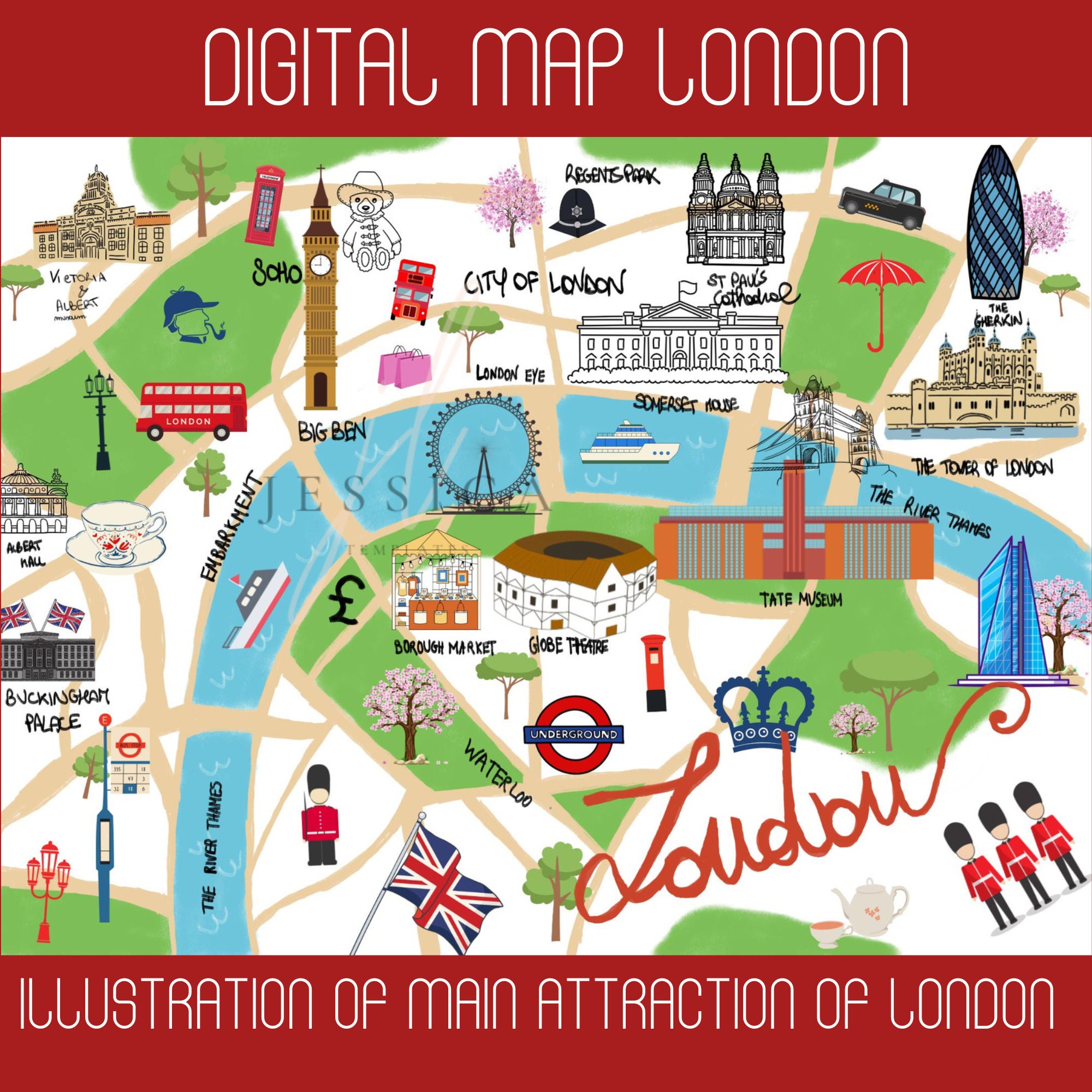 DIGITAL London Illustrated Map Printable / Wall Art Print / Travel ...