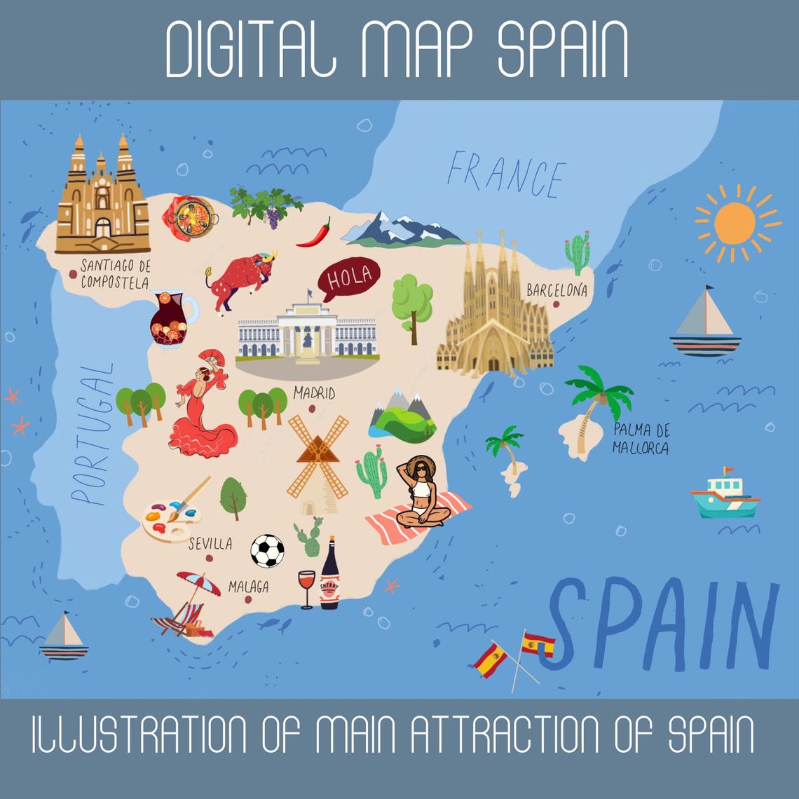 Spain Illustrated Map Art Print: Travel Decor (digital Download) - Etsy