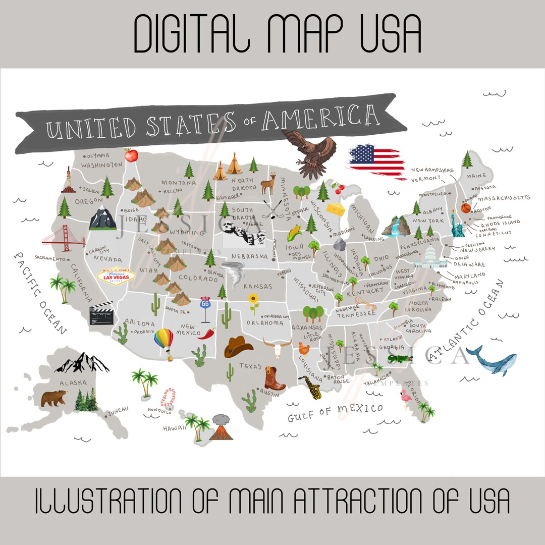 DIGITAL USA Map America Illustrated Map Hand Lettered Map United State ...