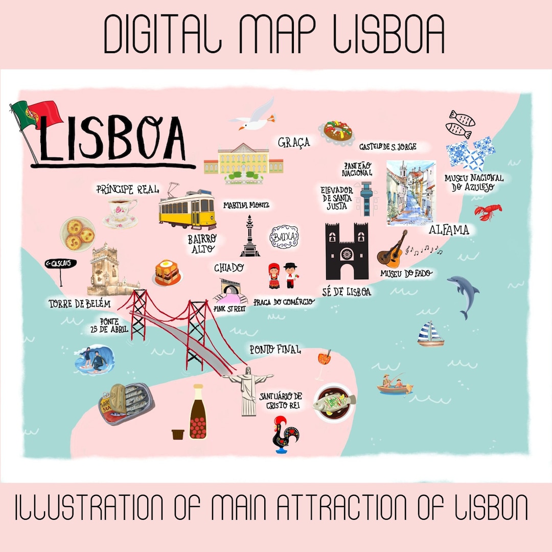 DIGITAL Lisbon Illustrated Map Printable / Wall Art Print / Travel Print/ Hand Lettered Map ...