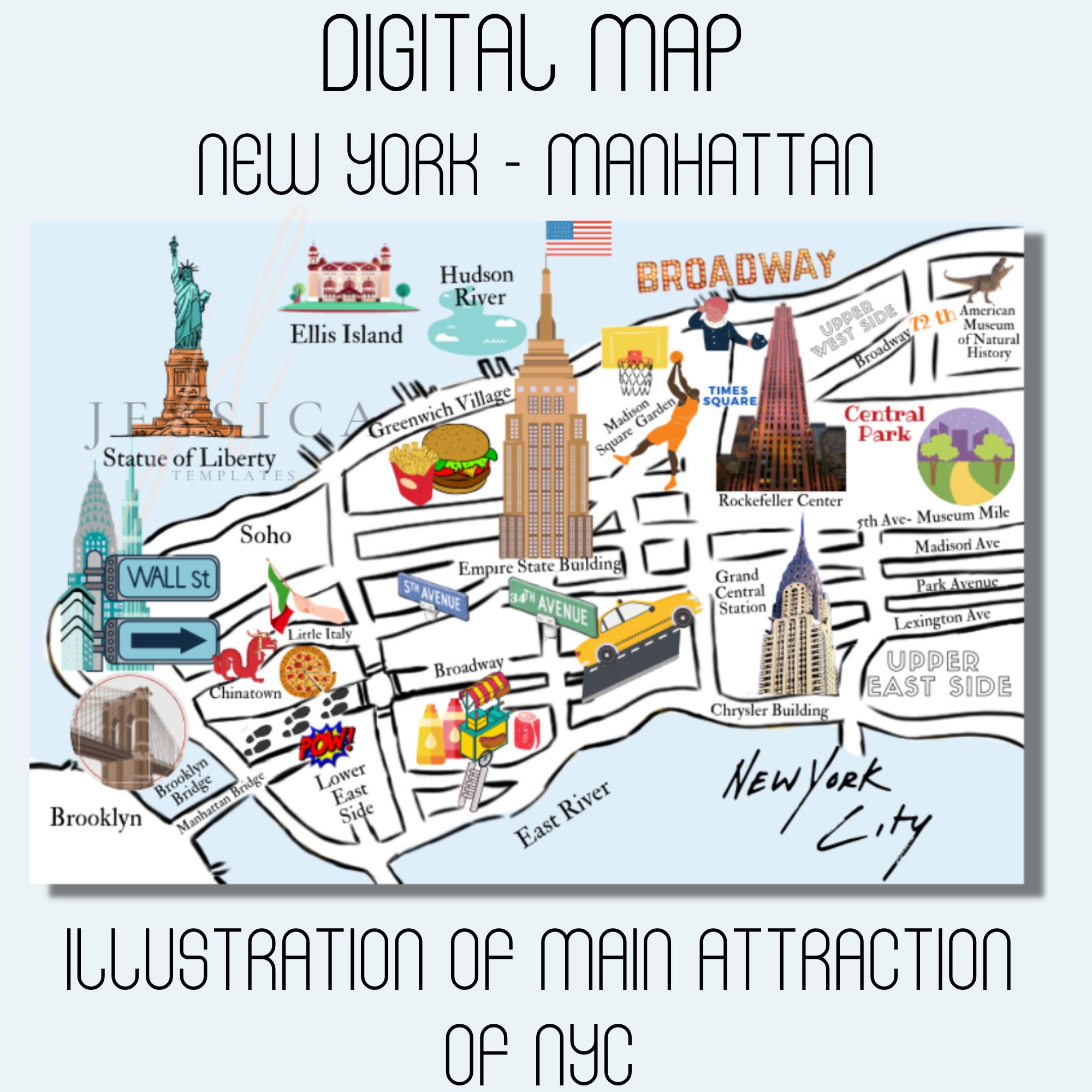 New York City Map Art Print: Hand-lettered Watercolor (digital Download ...