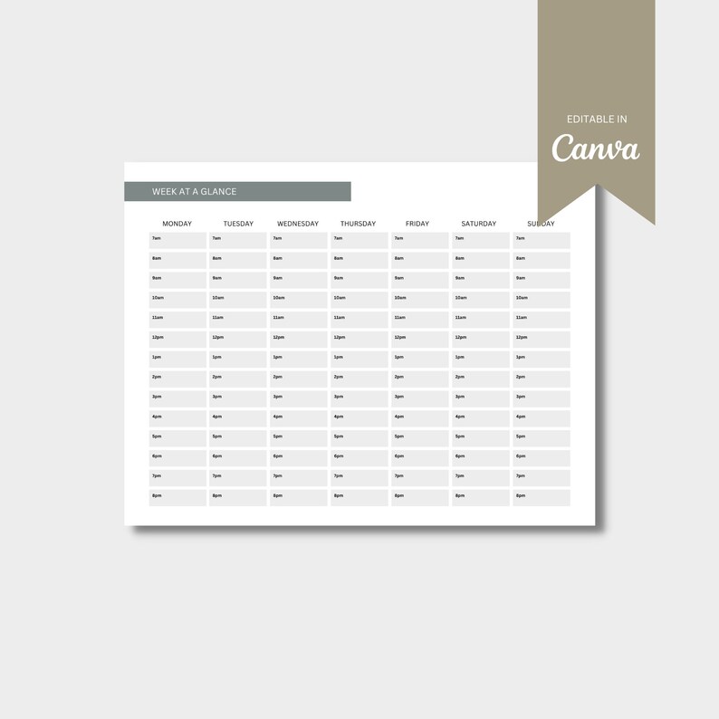 Week at A Glance Template Weekly Digital Planner EDITABLE CANVA FILE ...
