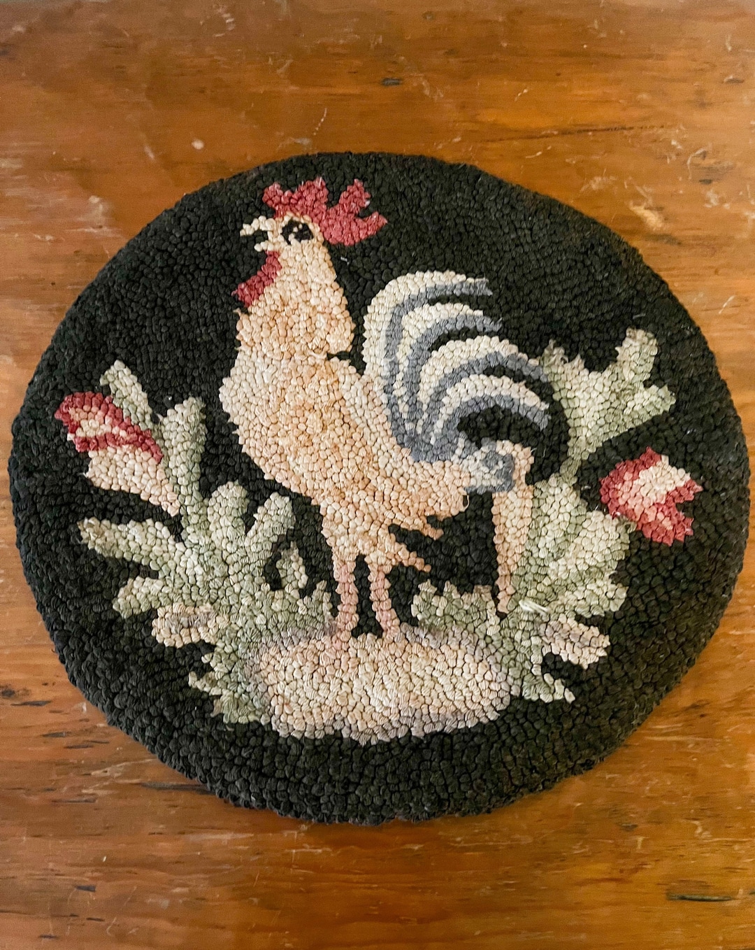 Vintage Rooster Hooked Rug Stool Cover - Etsy