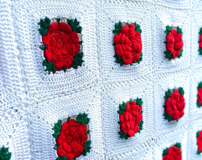 Vintage Knit Red Rose Squares Throw Blanket - Etsy