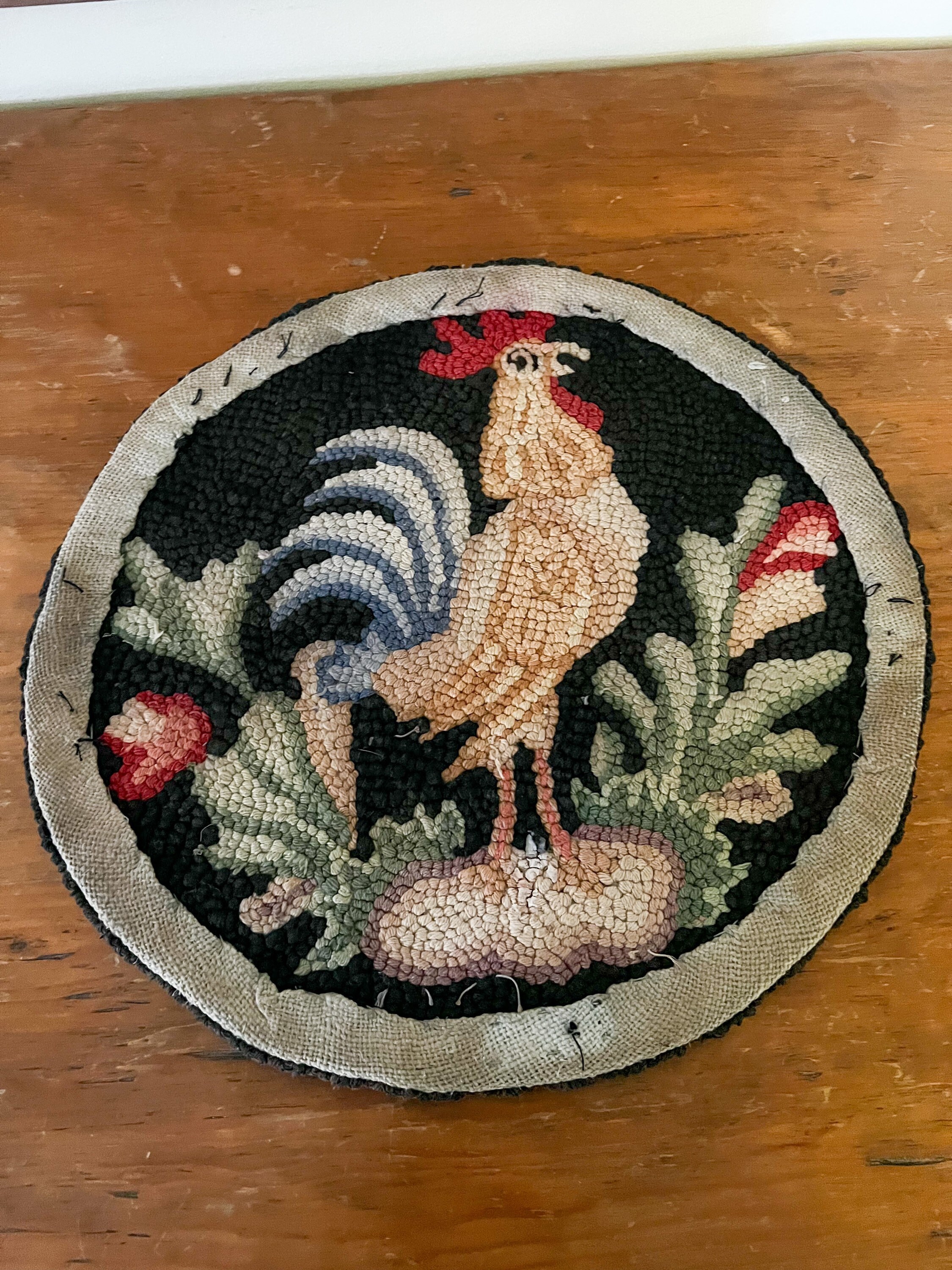 Vintage Rooster Hooked Rug Stool Cover - Etsy