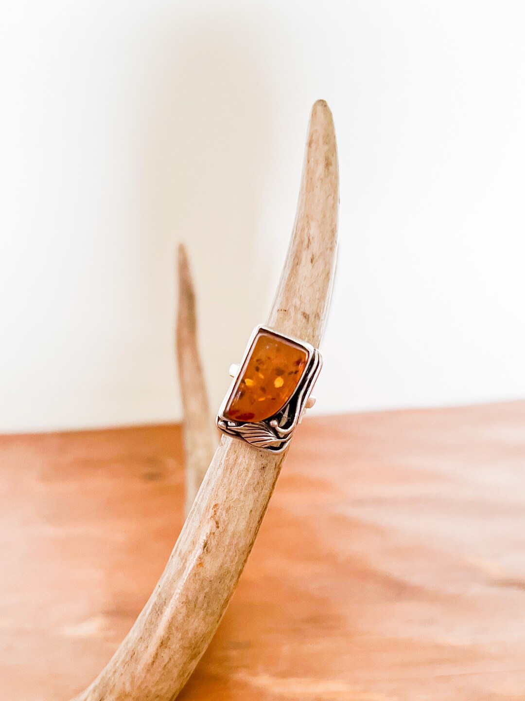 Vintage Sterling Silver Modern Large Amber & Vine Leaf Statement Ring 7 ...