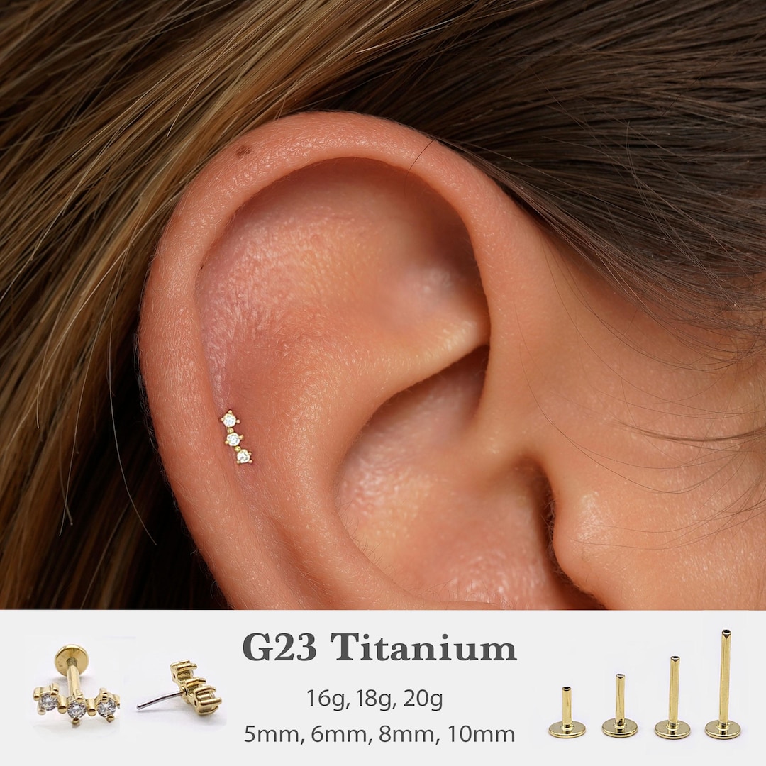 20G/18G/16G Three Cz Push Pin Labret • Threadless Flat Back Earring ...