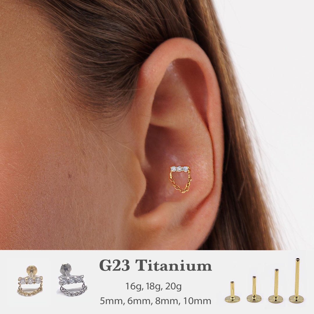 20G/18G/16G Cz Chain Push Pin Labret • Threadless Flat Back Earring • Tragus Stud • Flat Back ...
