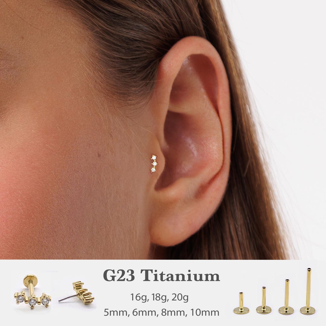 20G/18G/16G Three Cz Push Pin Labret • Threadless Flat Back Earring • Tragus Stud • Flat Back ...