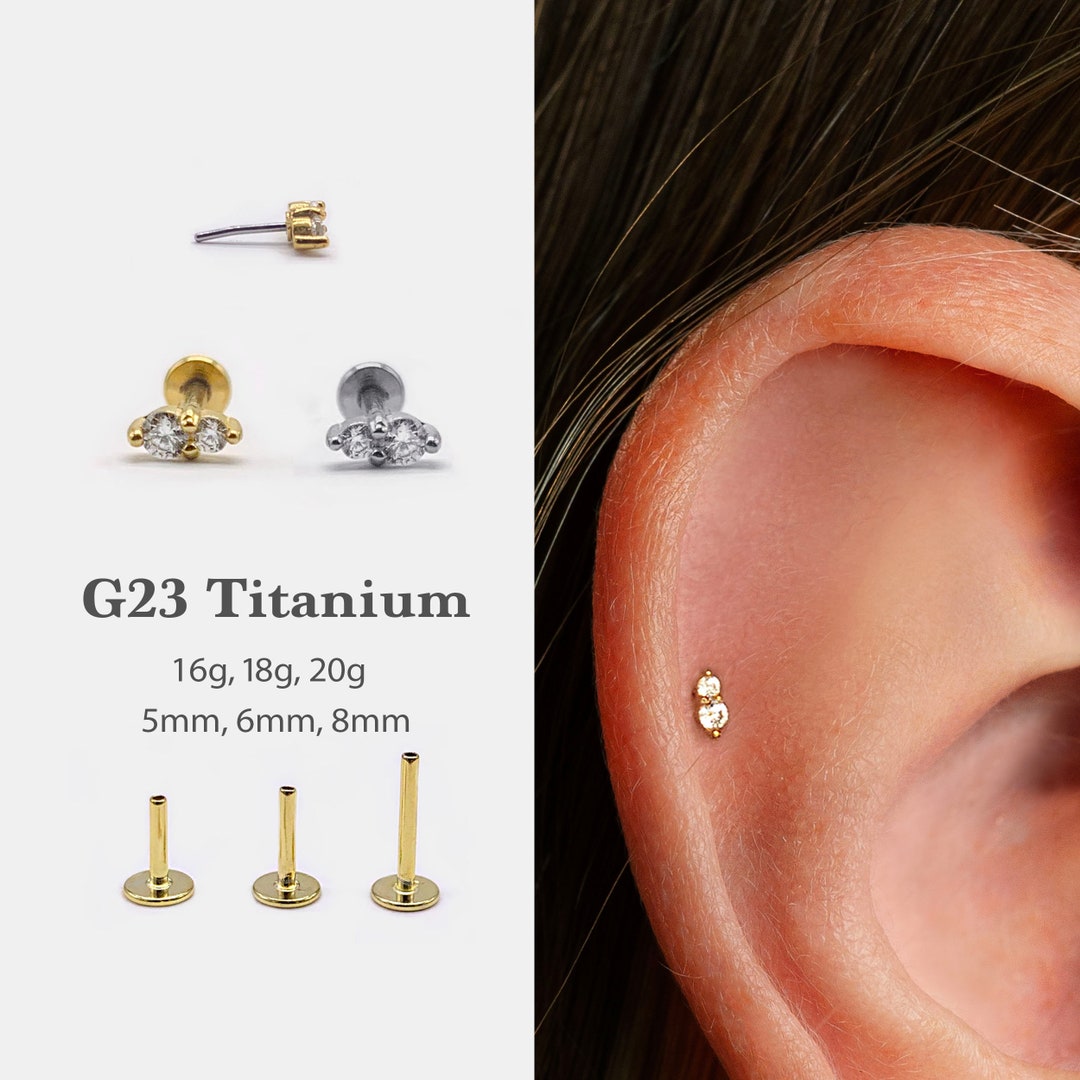 20G/18G/16G Tiny Push Pin Labret Two Stone Flat Back Earring Tragus ...