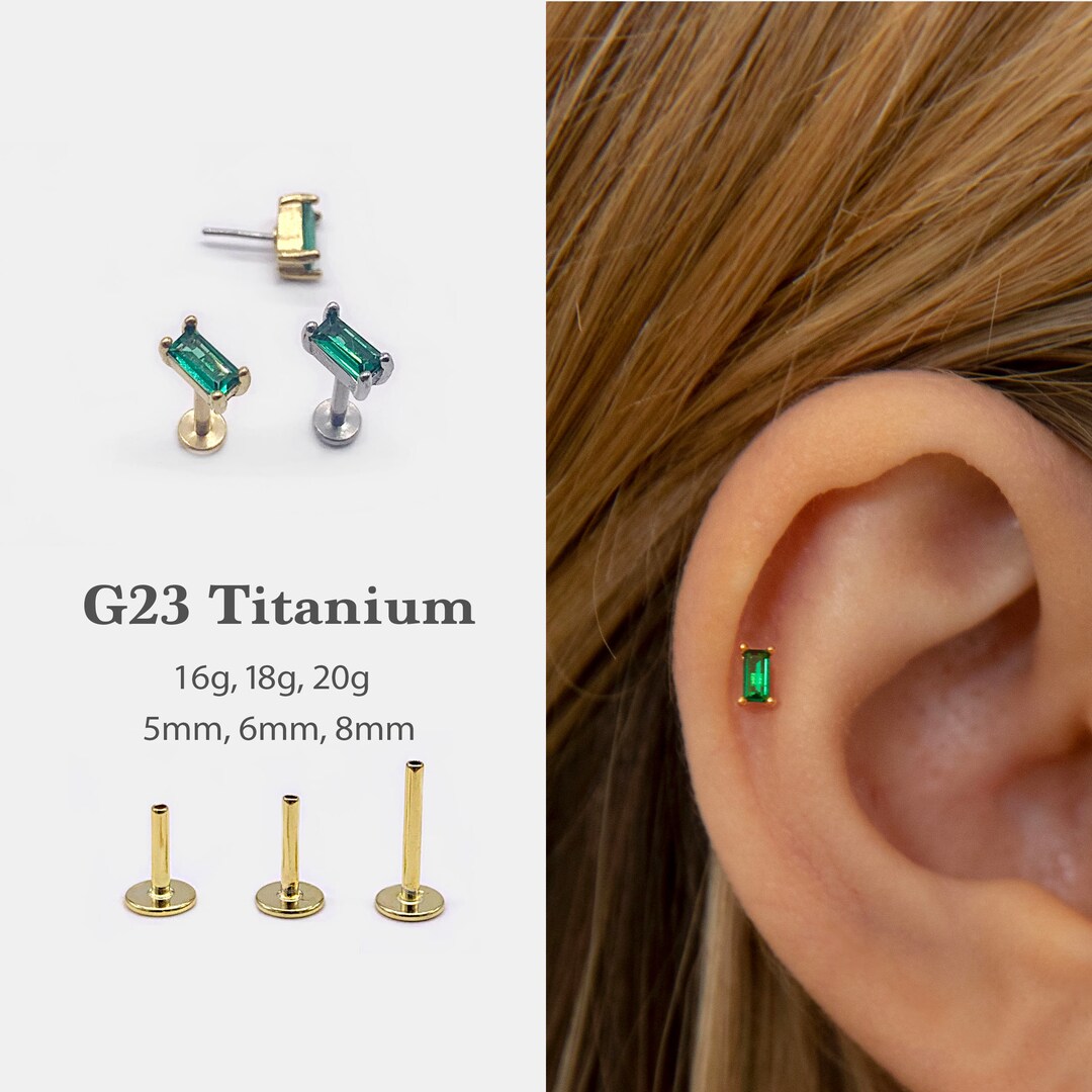 20G/18G/16G Emerald Baguette Push Pin Labret Threadless Flat Back Earring Tragus Stud Flat Back ...