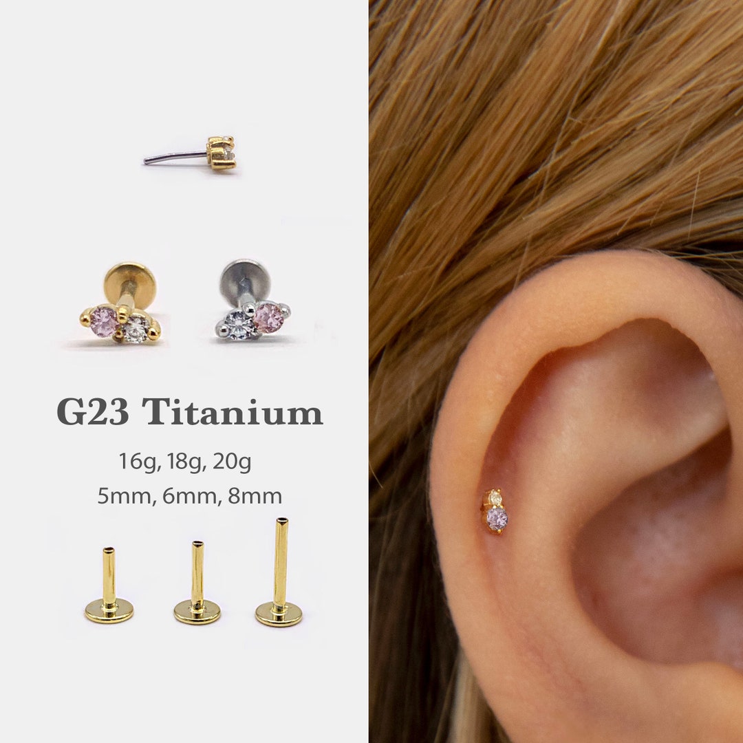 20G/18G/16G Tiny Push Pin Labret Light Pink Stud Two Stone Flat Back Earring Tragus Stud Flat ...