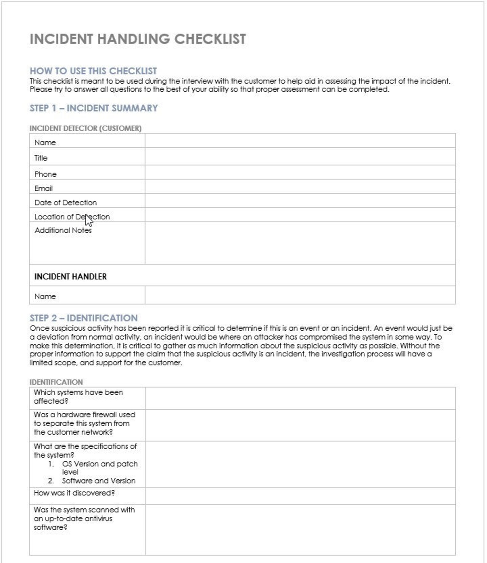 Incident Response Checklist - Cyber Event Form - Editable Word Docx ...