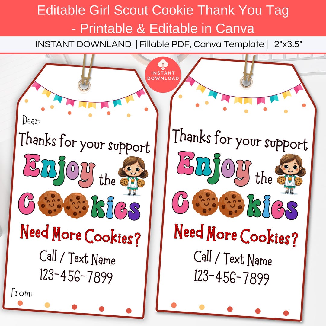 Girl Scout Cookie 2025 Thank You Tag, Editable Cookie Box Delivery Note ...