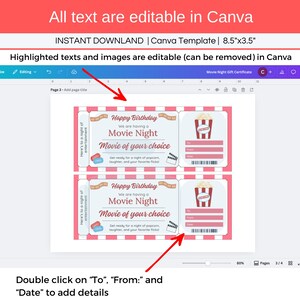 Movie Night Gift Voucher, Cinema Ticket Birthday Coupon Certificate ...