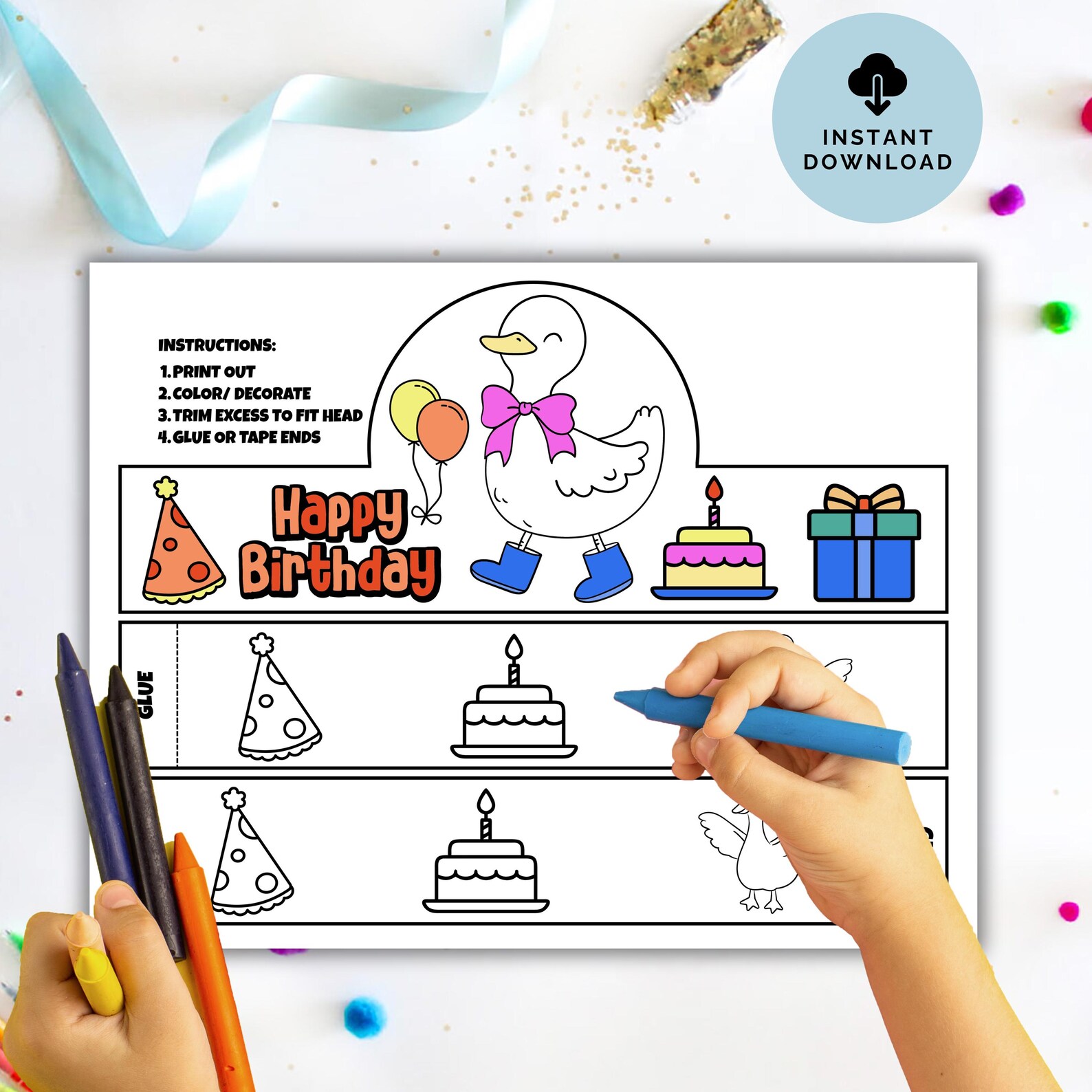 Silly Goose Paper Headband for Kids Printable, Birthday Party Coloring ...