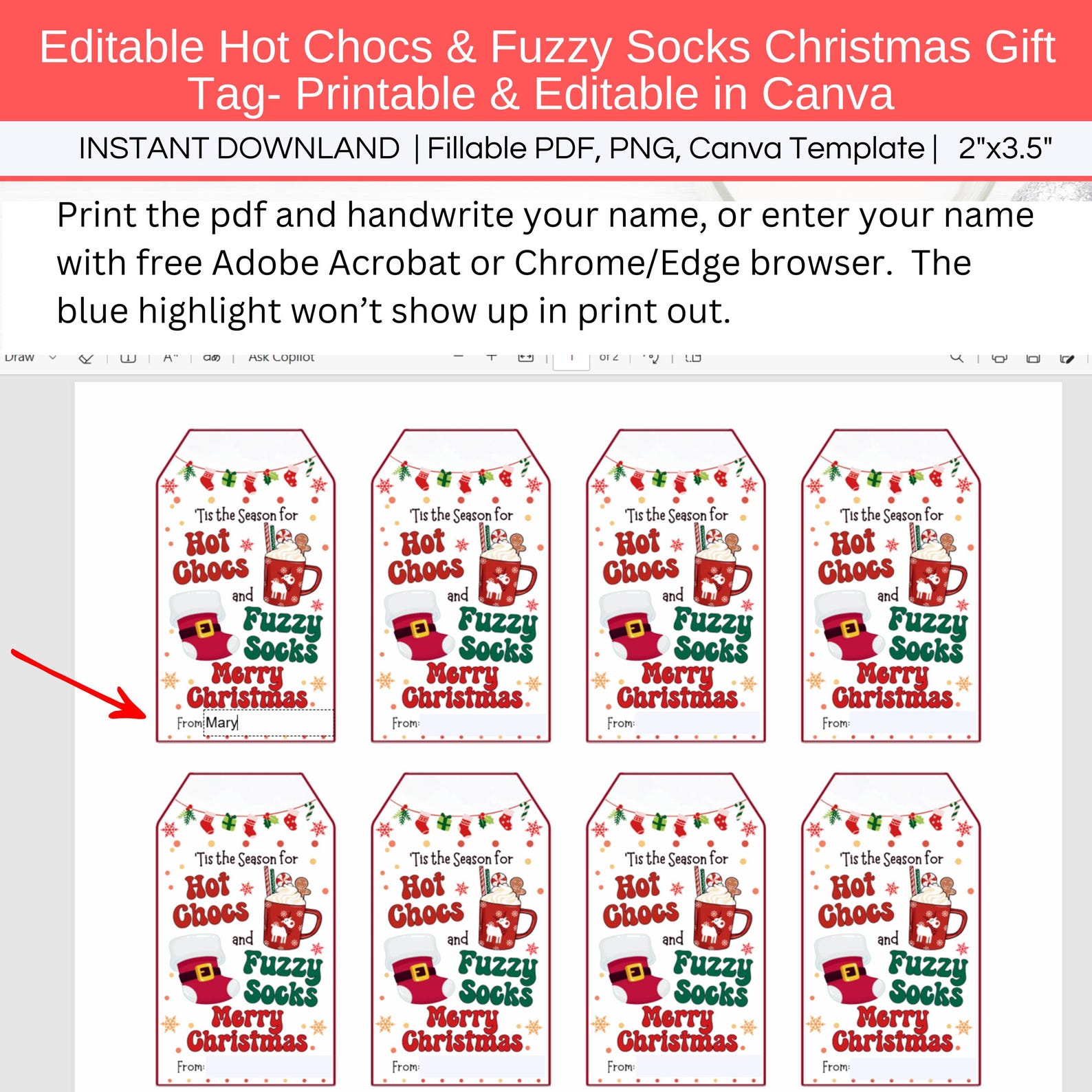Hot Chocs & Fuzzy Socks Tag, Editable Christmas Gift Tag, Hot Cocoa ...