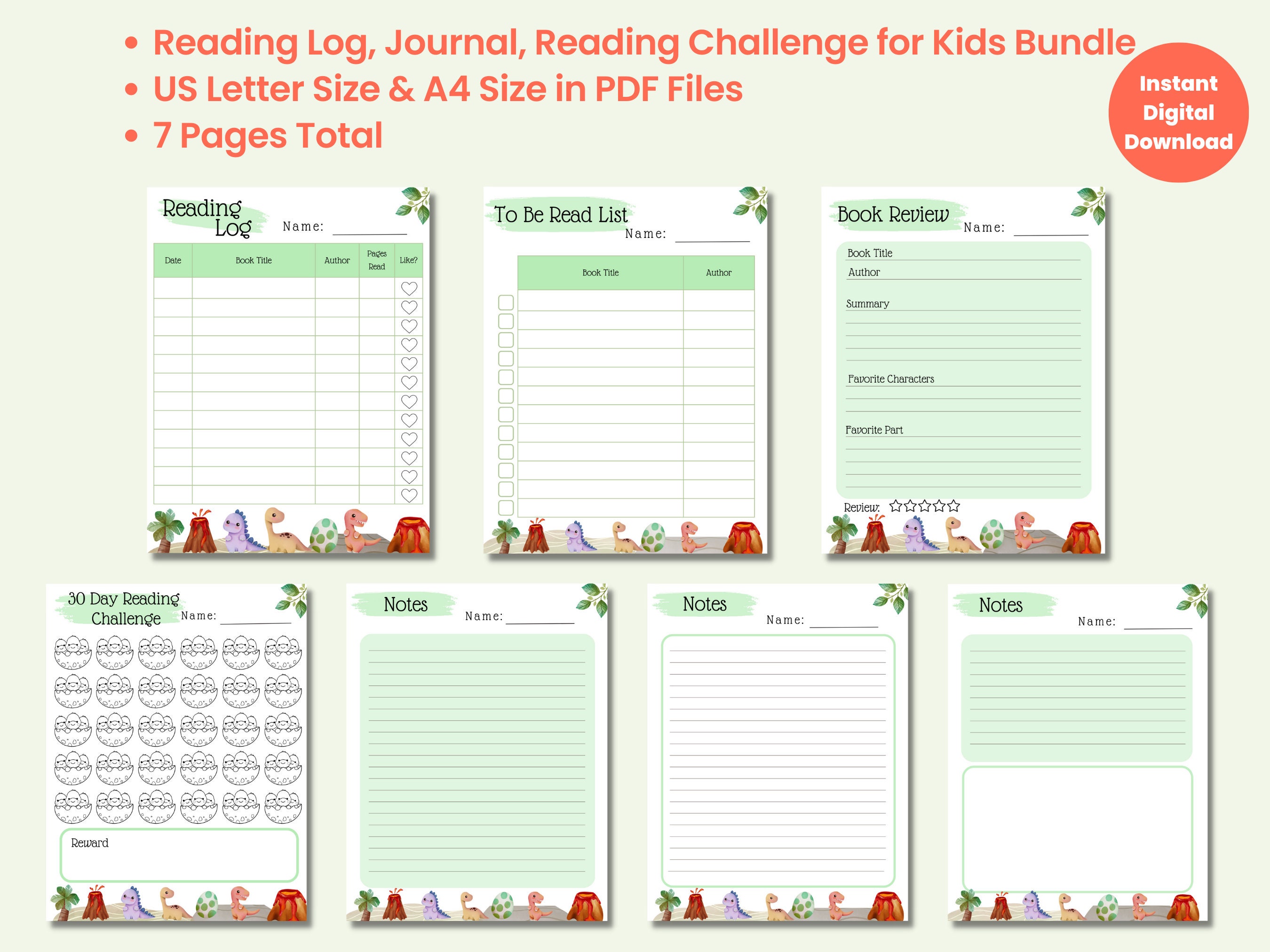 Reading Log Tracker for Kids Printable Cute Dinosaur Theme, Reading ...