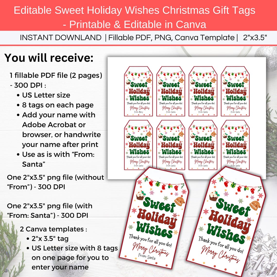 Sweet Holiday Wishes Christmas Gift Tag Printable, Editable Holiday ...