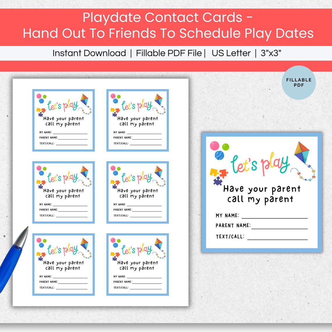 Printable Kids Playdate Cards, Fillable Keep in Touch Cards, Kids ...