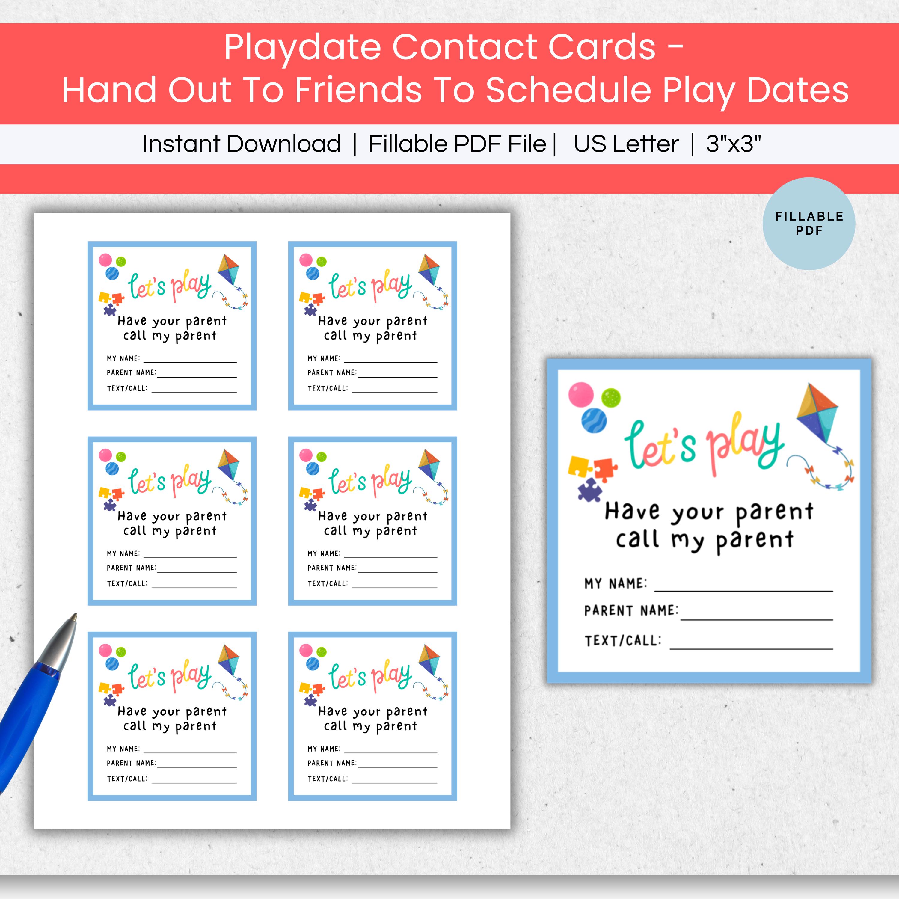 Printable Kids Playdate Cards, Fillable Keep in Touch Cards, Kids ...