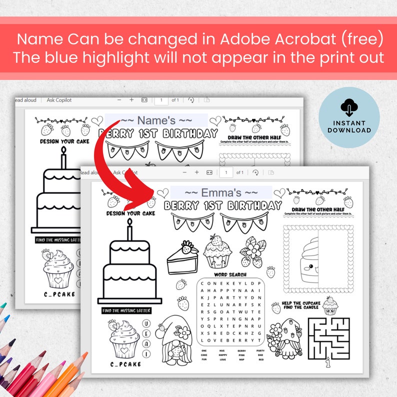 Editable Berry 1st Birthday Party Activity Placemat Coloring Sheet ...