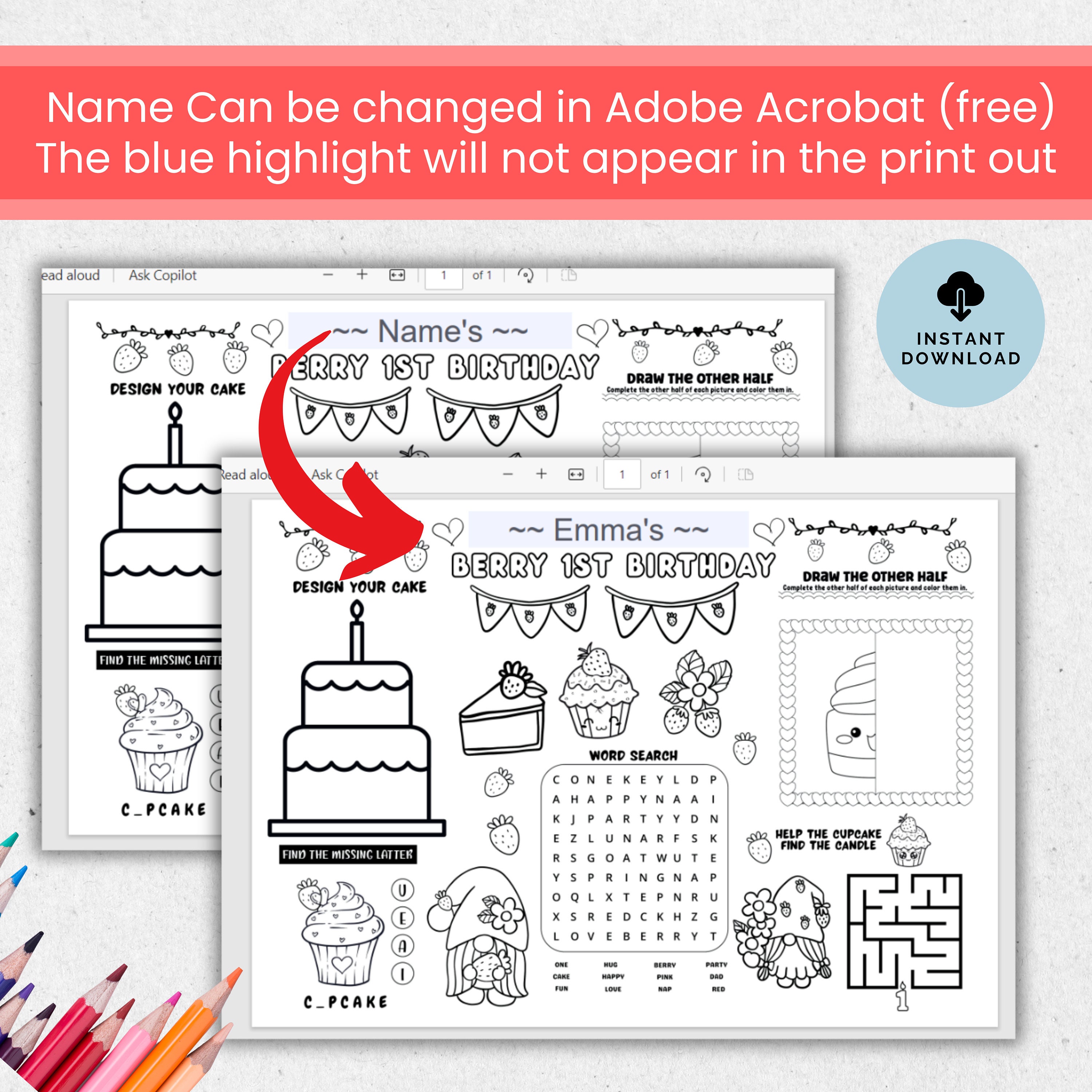 Editable Berry 1st Birthday Party Activity Placemat Coloring Sheet ...