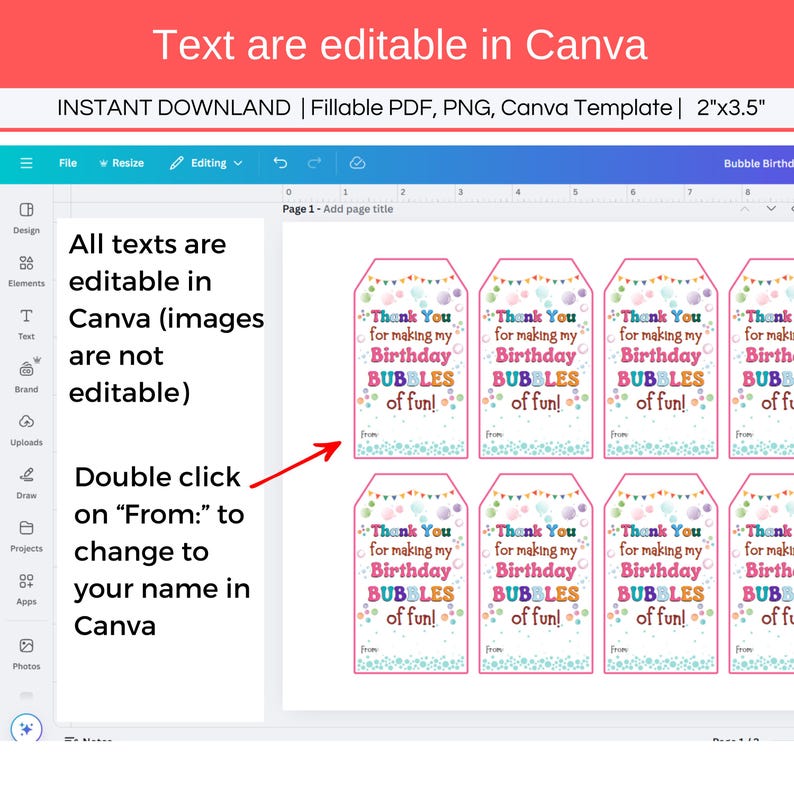 Bubble Birthday Favor Tags, Classroom Birthday Editable Favor Tag ...
