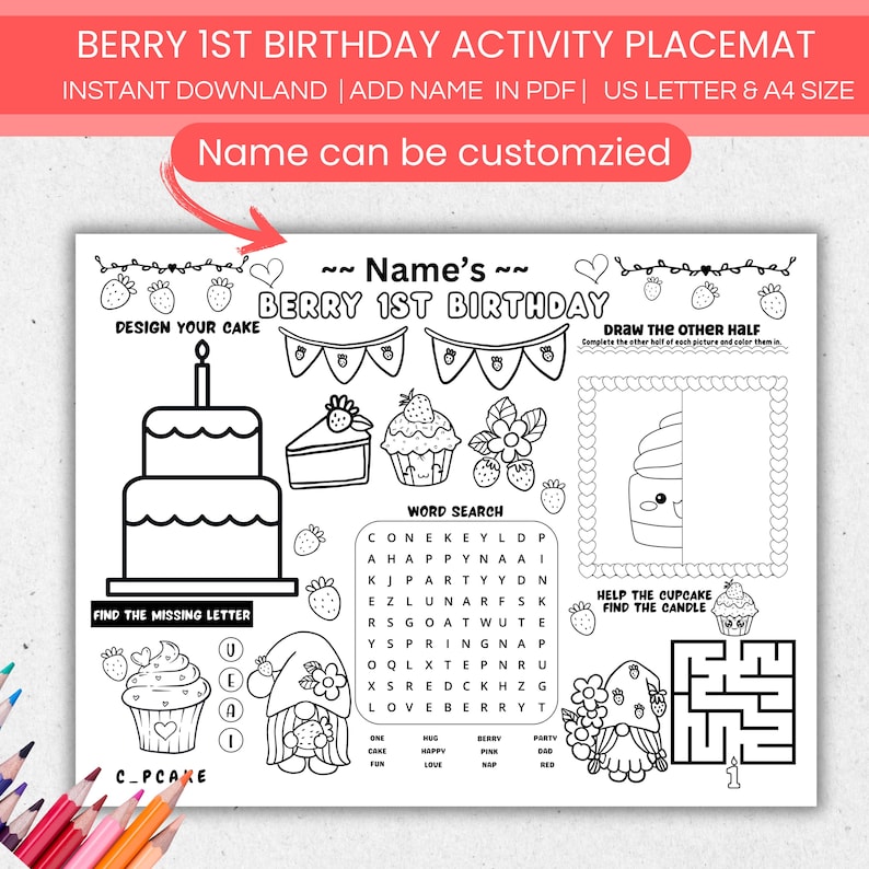 Editable Berry 1st Birthday Party Activity Placemat Coloring Sheet ...
