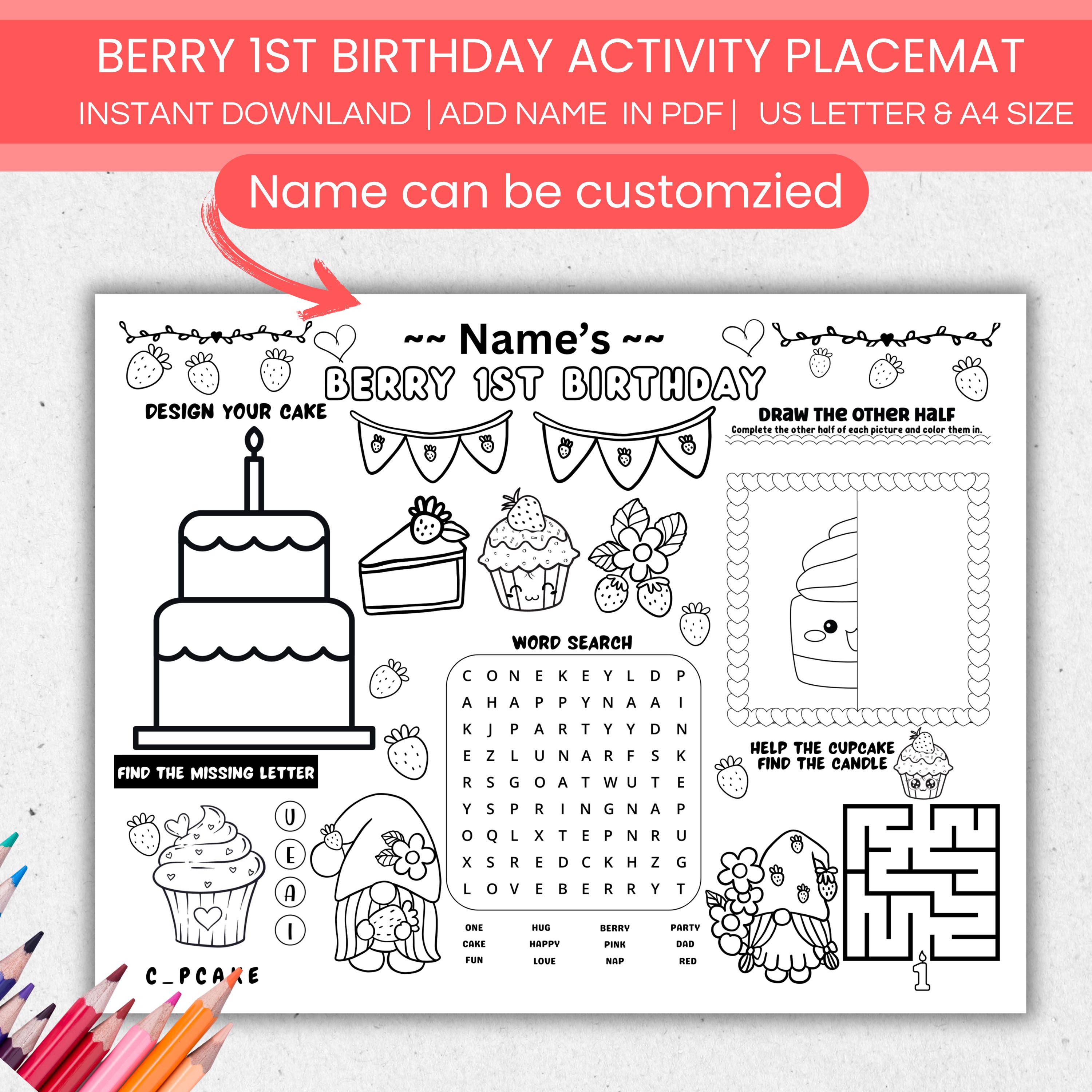 Editable Berry 1st Birthday Party Activity Placemat Coloring Sheet ...