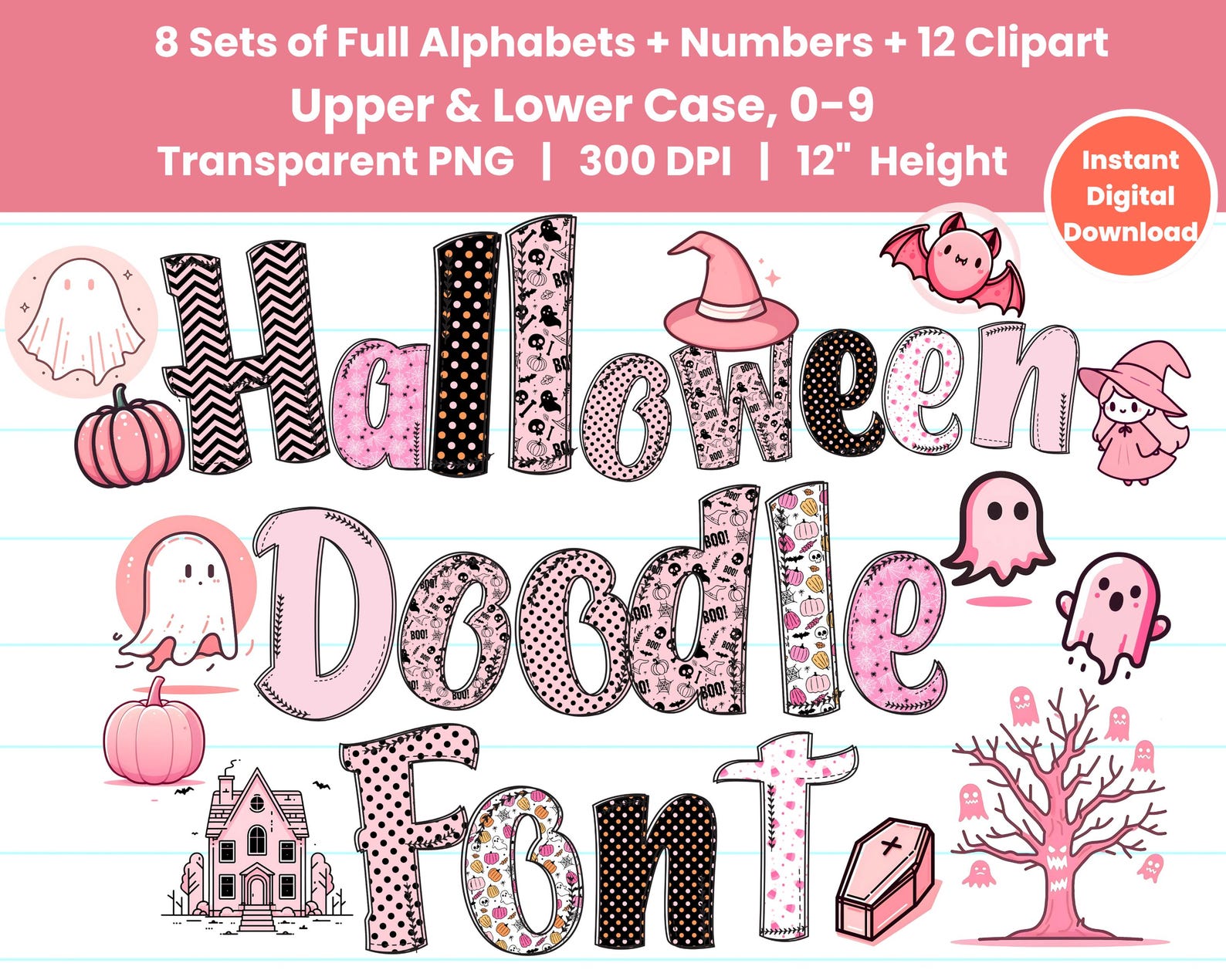 Pink Halloween Doodle Font Alphabet Clipart Bundle, 8 Full Sets Alpha ...