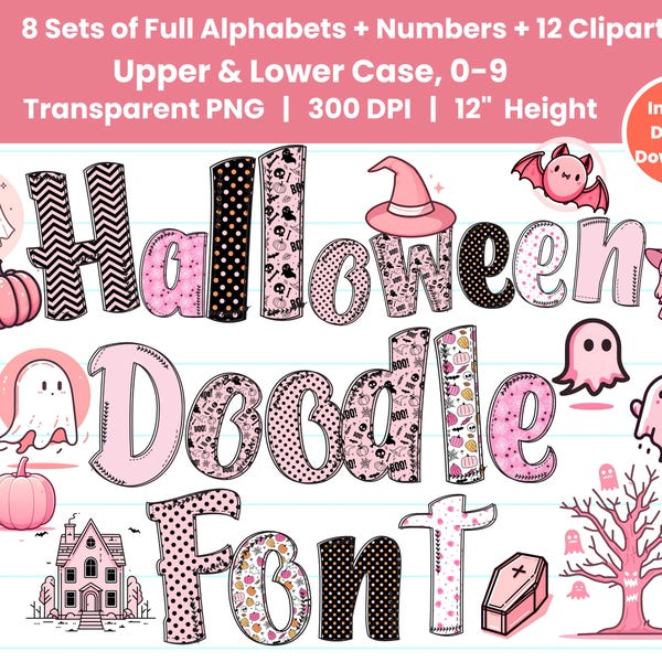 Halloween Doodle Font Alphabet Clipart Bundle, 8 Full Sets Alpha ...