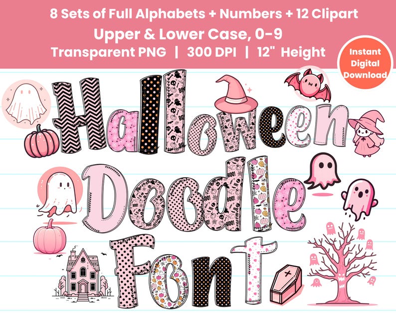 Pink Halloween Doodle Font Alphabet Clipart Bundle, 8 Full Sets Alpha ...