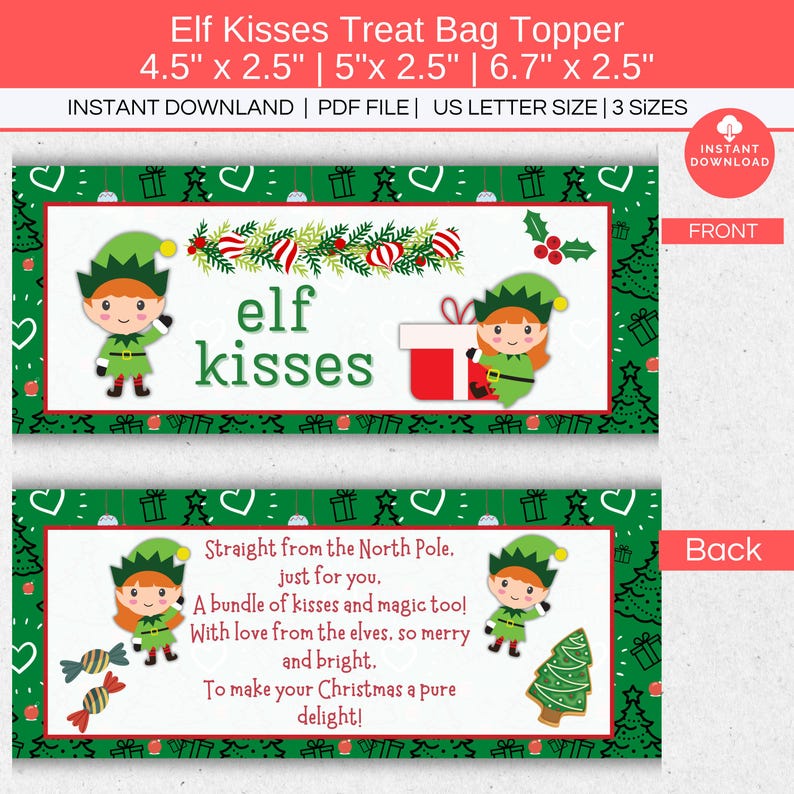 Elf Kisses Treat Bag Tag Topper Printable, Elf Kisses Label, Winter ...