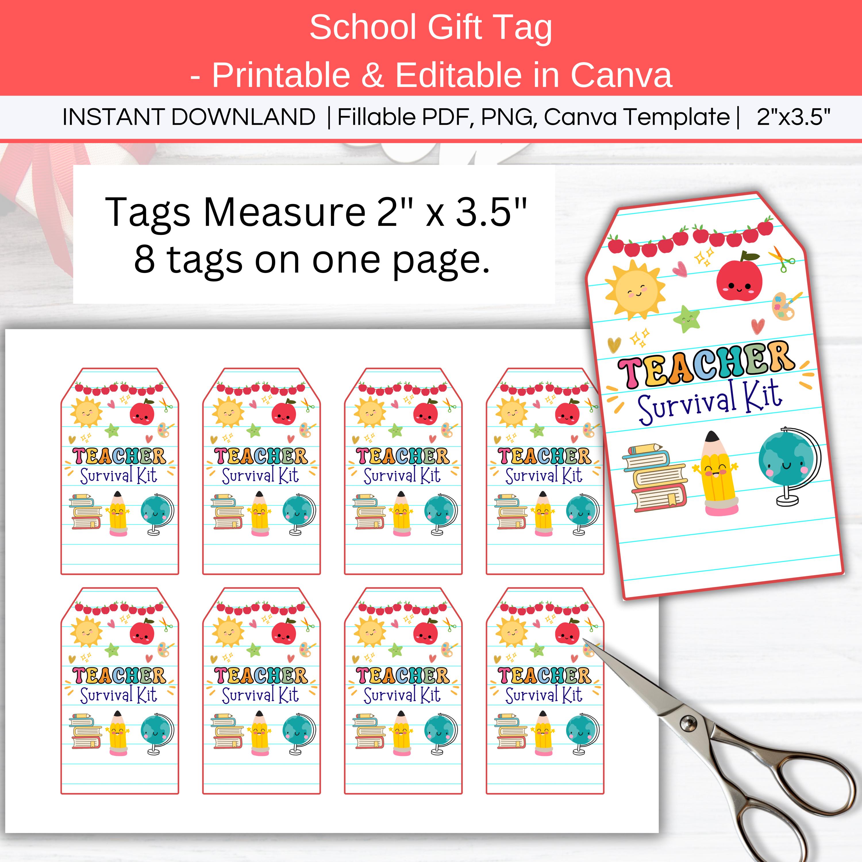 Teacher Survival Kit Printable Gift Tag, Editable First Day of School ...