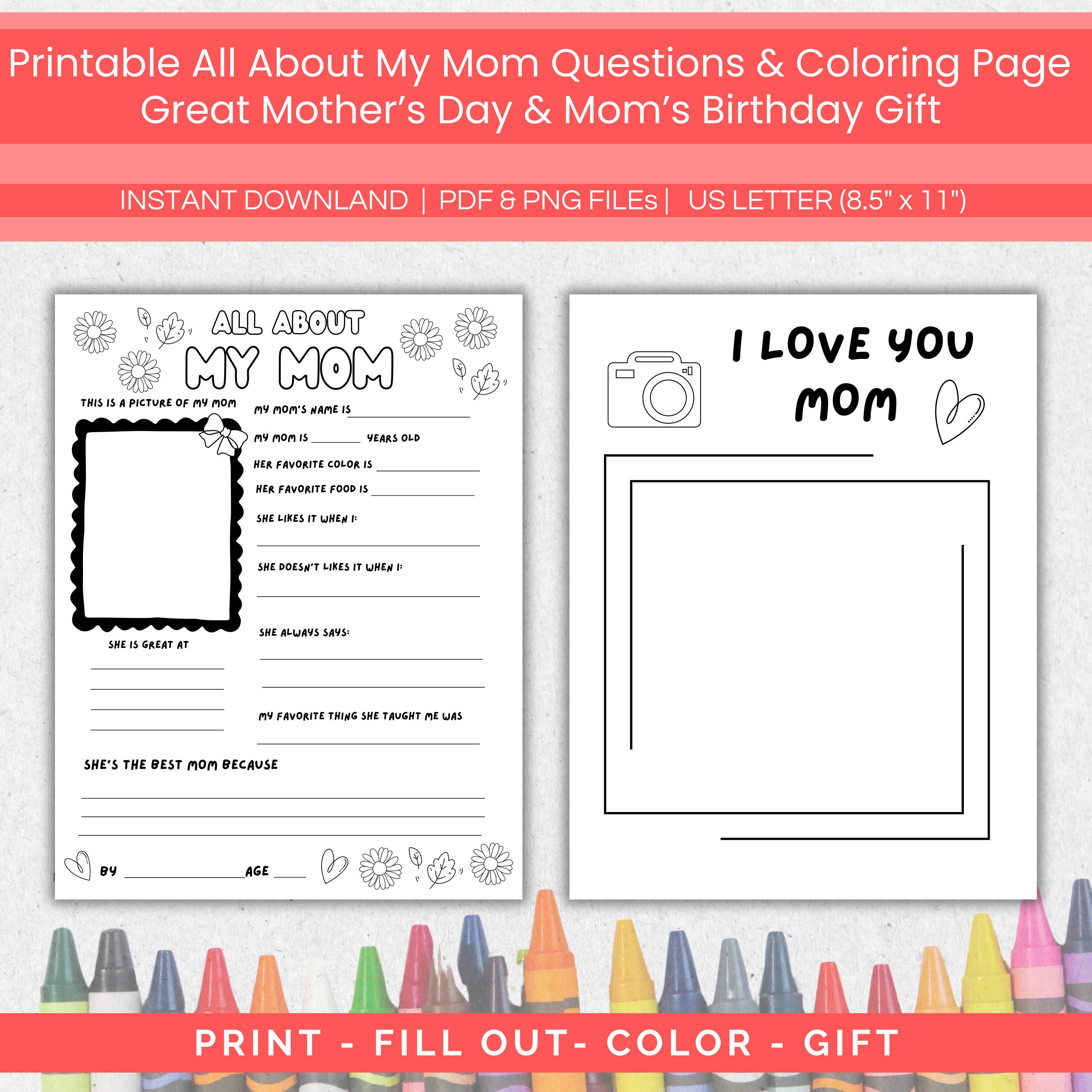 All About My Mom Questionnaire Coloring Page, Printable Mother's Day ...