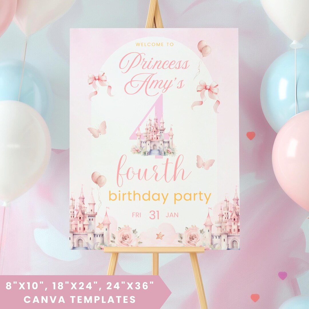Princess Birthday Welcome Sign Poster Editable Template, Pink Bow ...