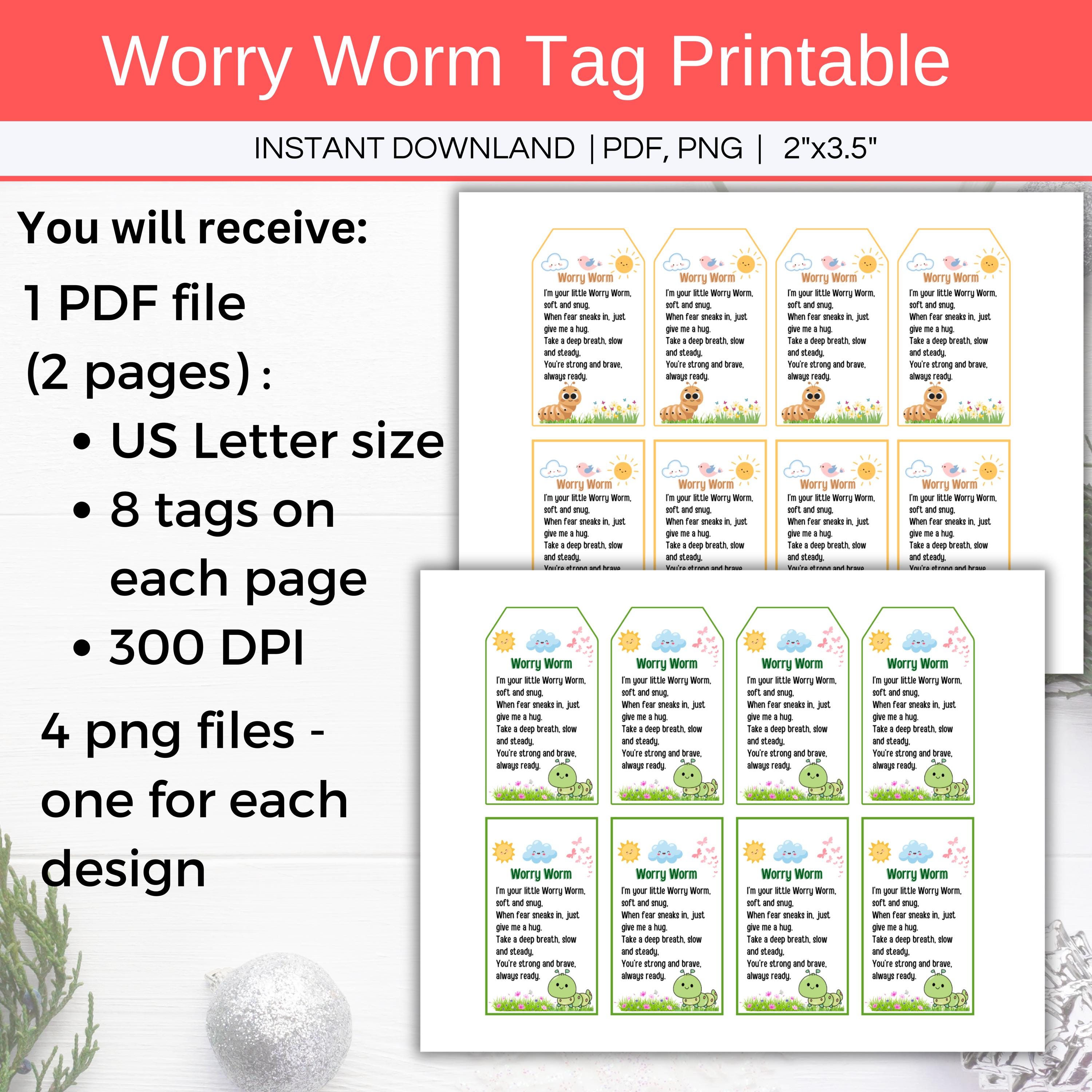 Worry Worm Tags, Printable Labels for Crochet Worms, Anxiety Relief ...