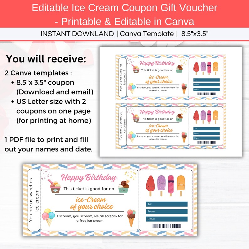 Printable Ice Cream Coupons, Editable Happy Birthday Ice Cream Gift ...