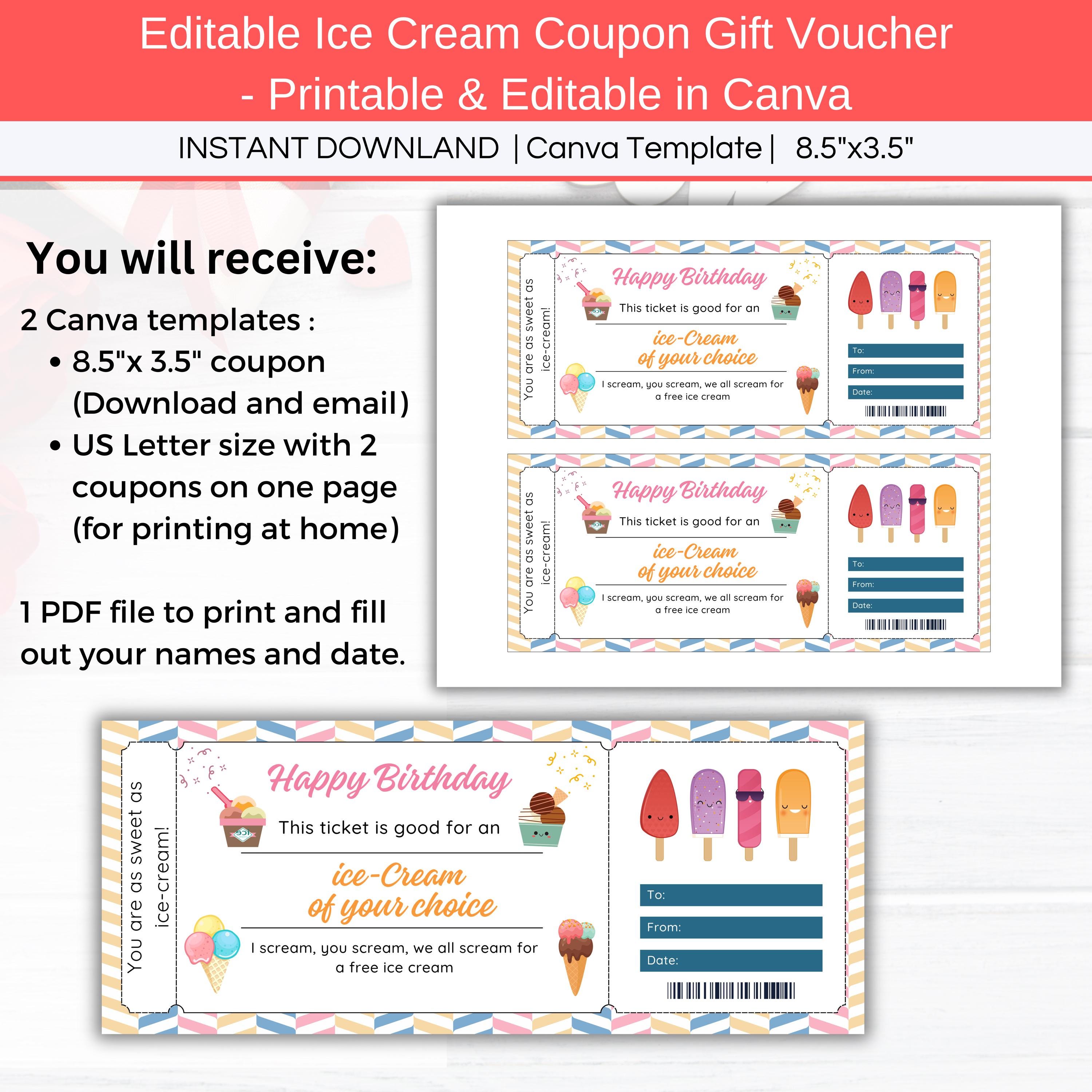 Printable Ice Cream Coupons, Editable Happy Birthday Ice Cream Gift ...