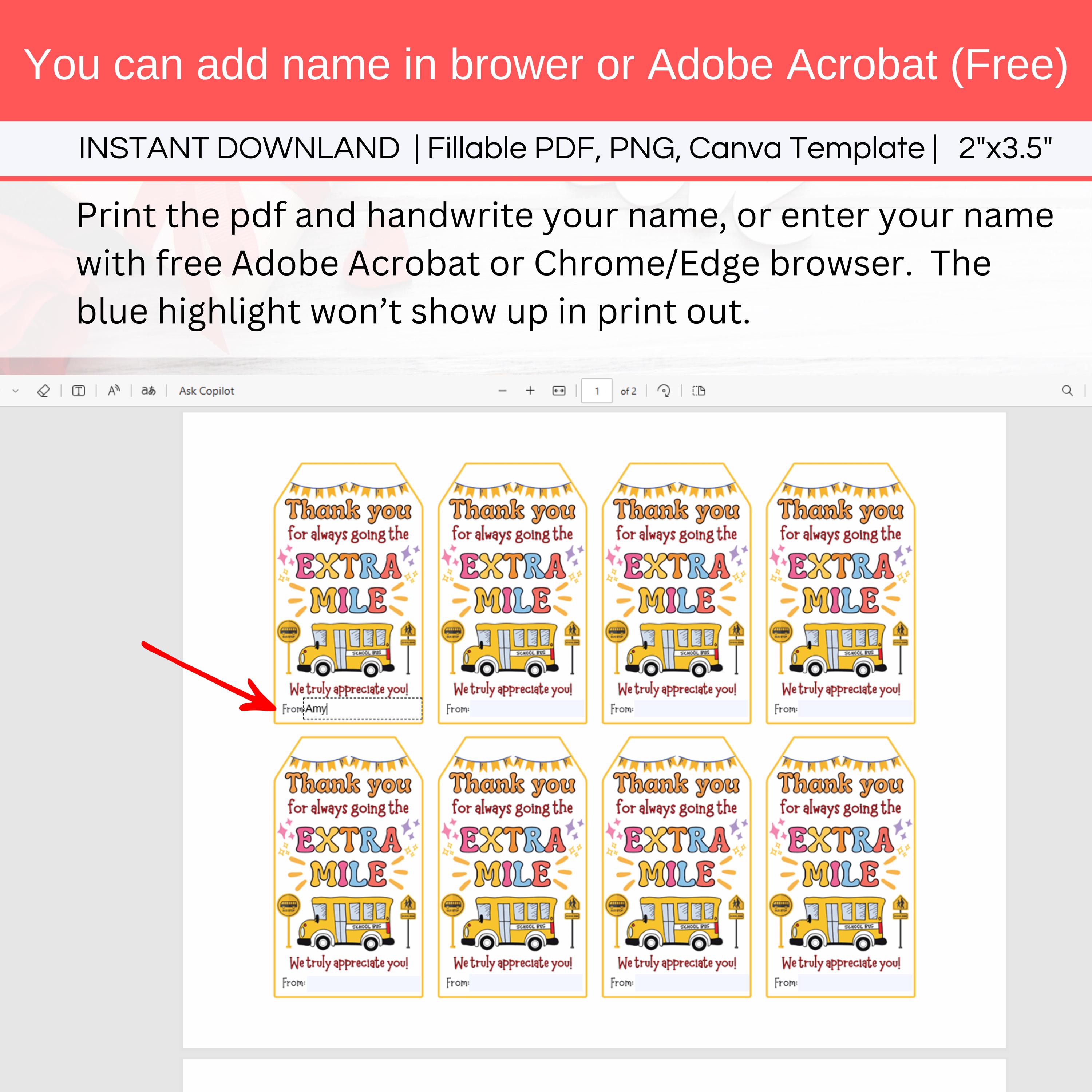 Thank You Going the Extra Mile School Bus Driver Gift Tag Editable, Bus ...