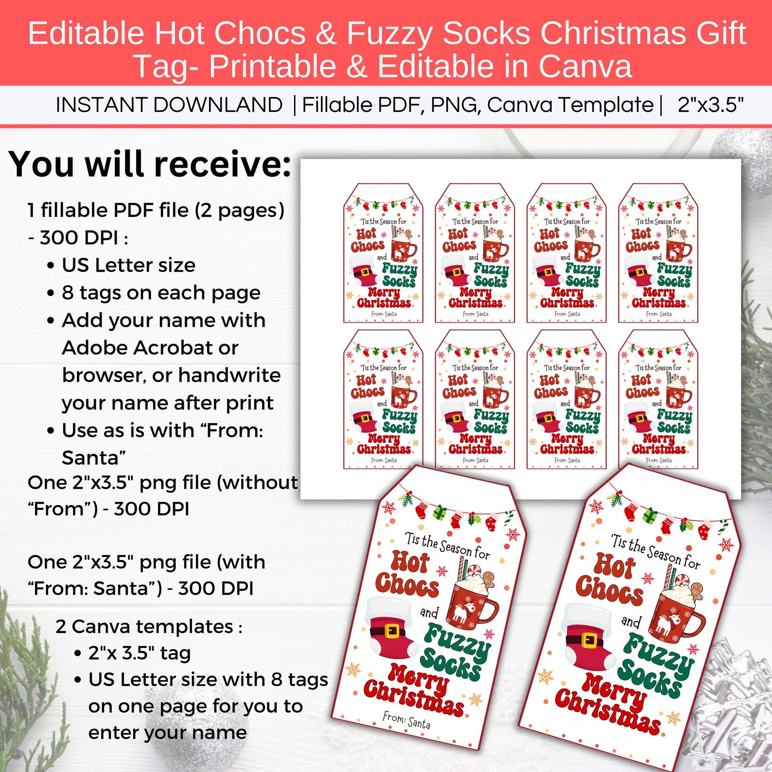 Hot Chocs & Fuzzy Socks Tag, Editable Christmas Gift Tag, Hot Cocoa ...