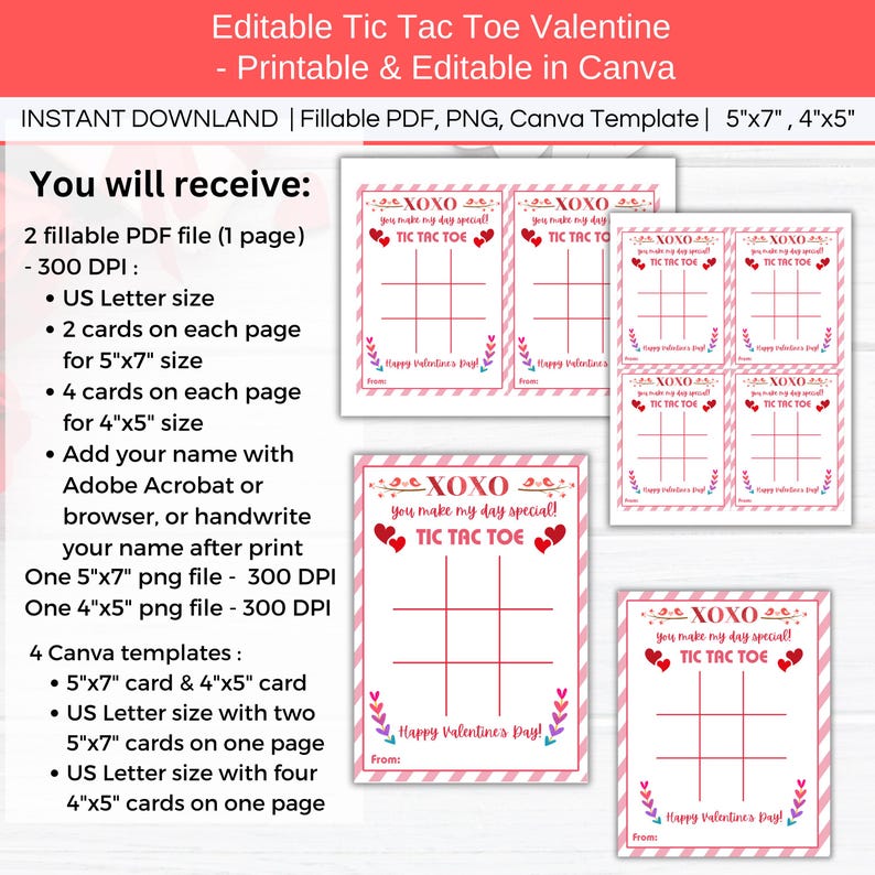 Tic Tac Toe Valentine's Day Cards, Editable Kids XOXO Valentine Gift ...