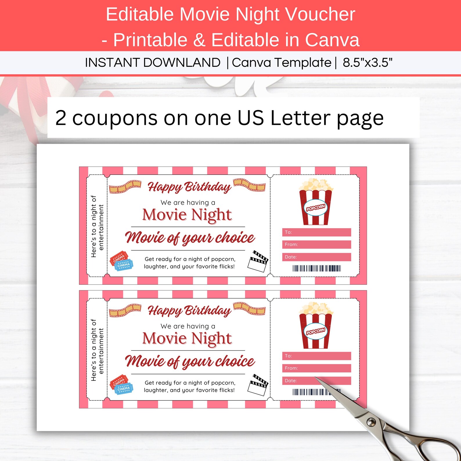 Movie Night Gift Voucher, Cinema Ticket Birthday Coupon Certificate ...