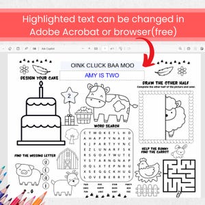 Farm Animal Birthday Party Coloring Page Activity Placemat Sheet, Oink ...