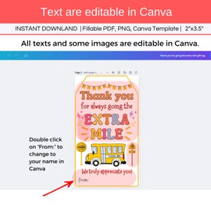 Thank You Going the Extra Mile School Bus Driver Gift Tag Editable, Bus ...